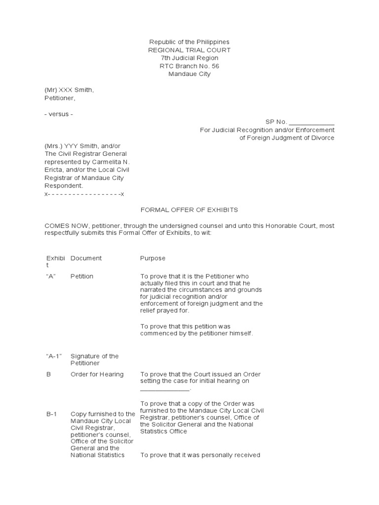Formal Offer of Exhibits | PDF | Judgment (Law) | Divorce
