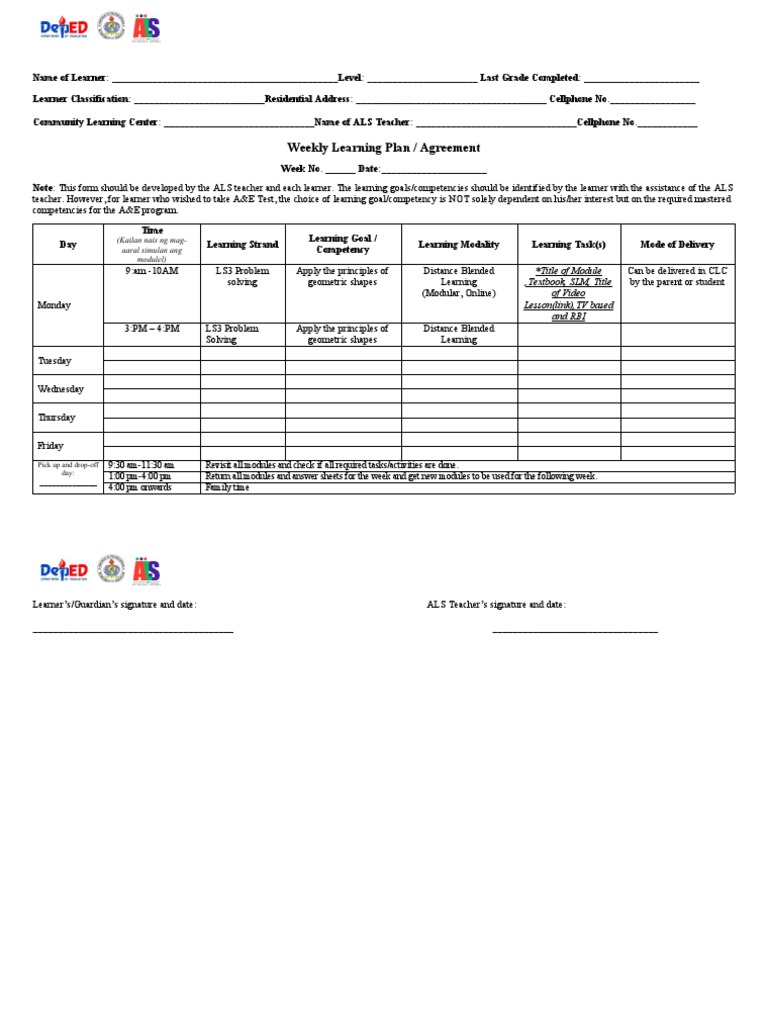 ALS - Weekly-Learning-Plan-Agreement - LS 5 - MAYUMI | PDF | Applied ...