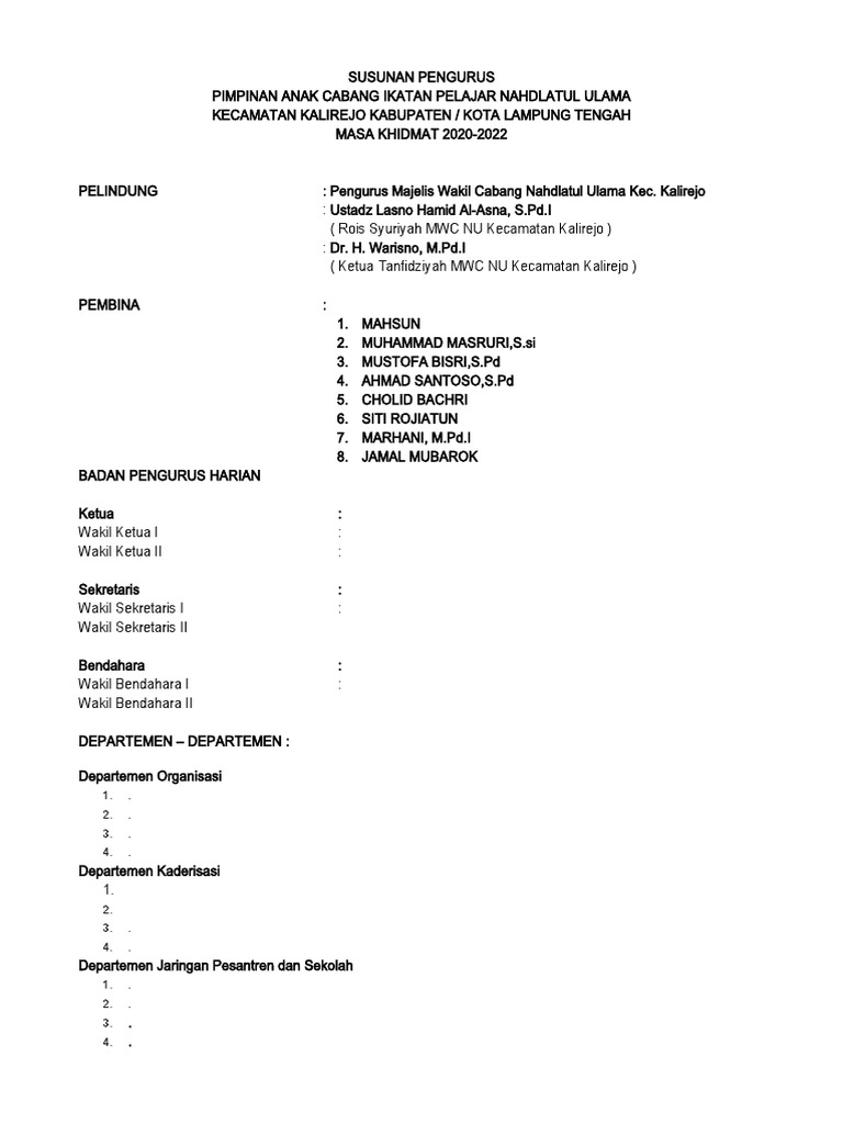 Form Susunan Pengurus PAC IPNU | PDF