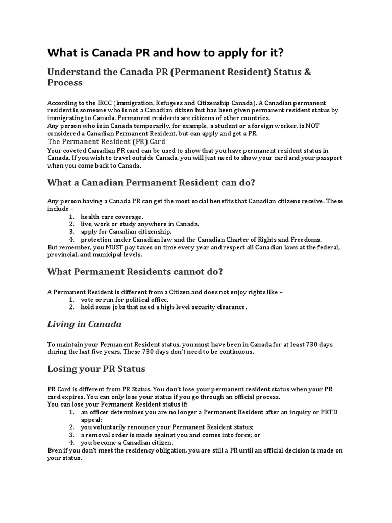Canada PR Guide: Application & Benefits | PDF | Immigration ...