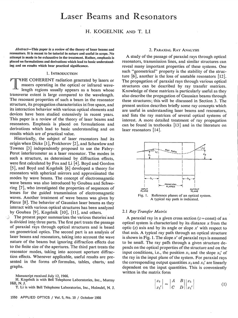 Laser Beams and Resonators-By Kogelnik, H., Li, T. | PDF | Optics | Laser