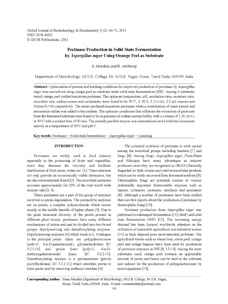 Pectinase Production Using Orange Peel As Substrate PDF | PDF