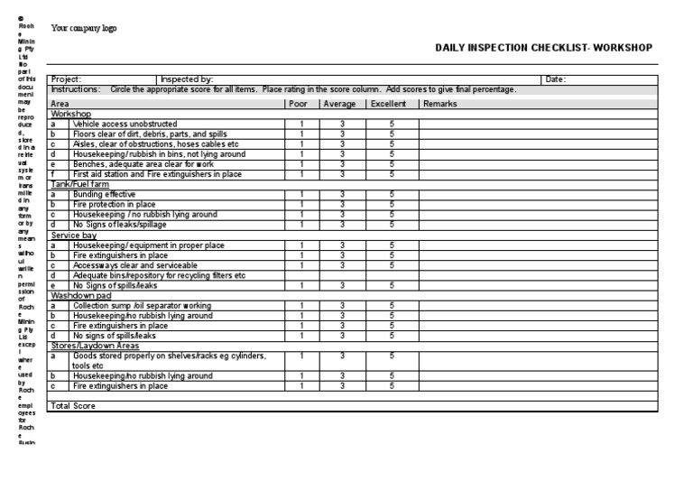 Daily Inspection Checklist - Workshop | PDF | Manufactured Goods