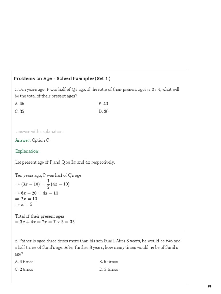 Problems On Age - Solved Examples (Set 1) : Answer With Explanation ...