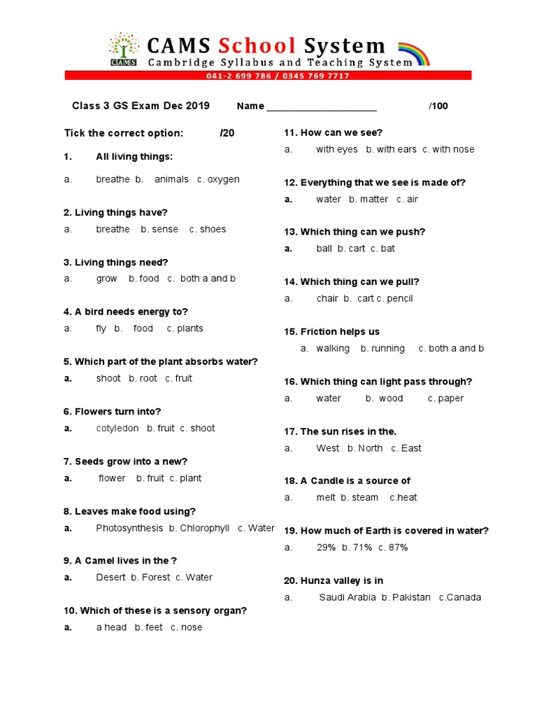 Class 3 G.S Exam | PDF | Plants | Liquids