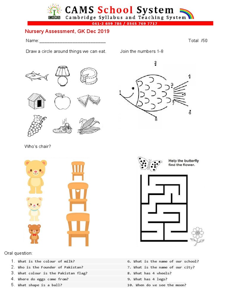 Nursery GK Assessment Worksheet | PDF