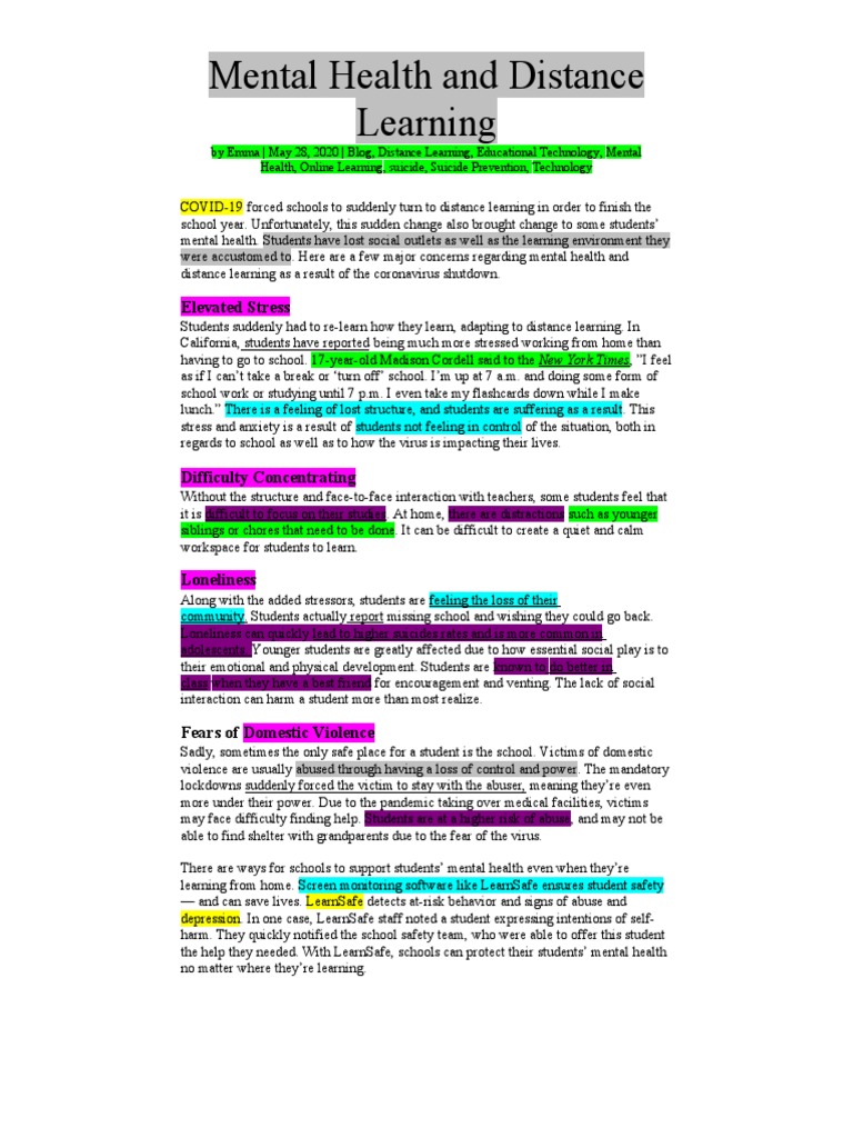 Mental Health and Distance Learning | PDF | Friendship | Violence