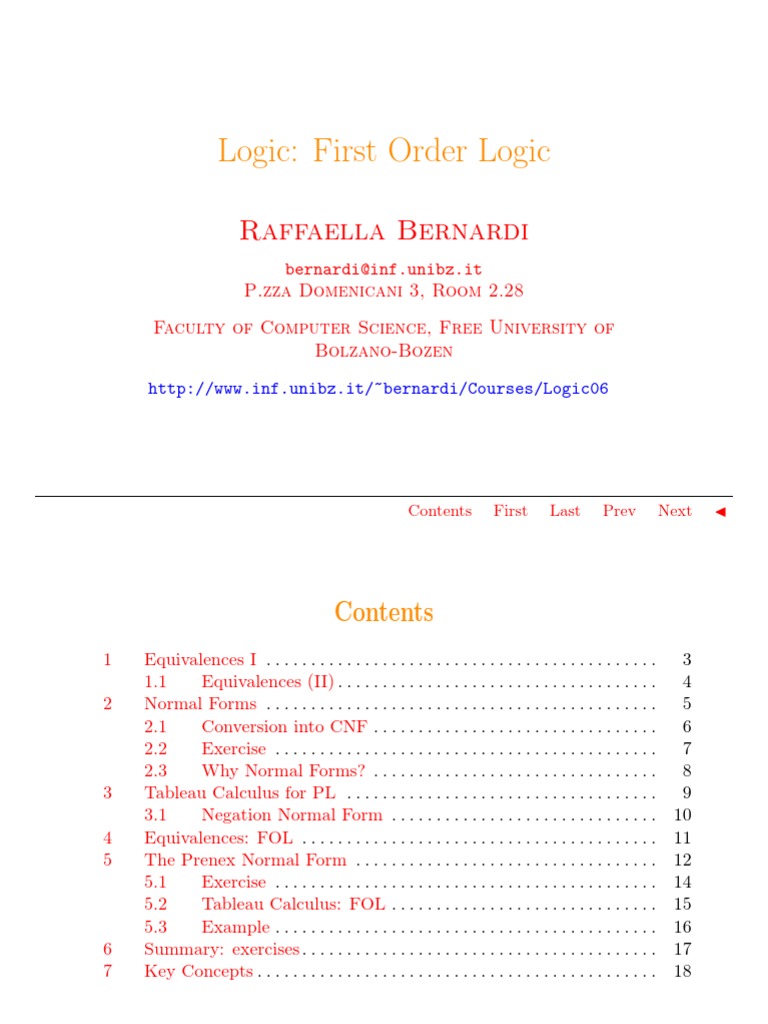 Logic: First Order Logic: Raffaella Bernardi | PDF | Mathematics Of ...
