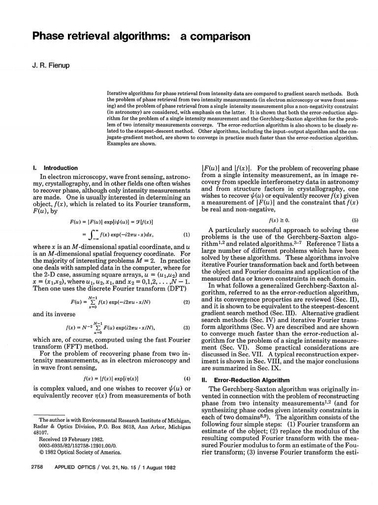 Phase Retrieval Algorithms: A Comparison: J. R. Fienup | PDF | Fourier Transform | Input–Output ...
