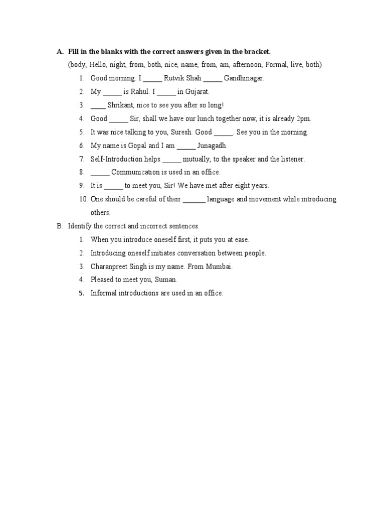 Self-Introduction Fill-in-the-Blanks Exercise | PDF | Language Arts ...