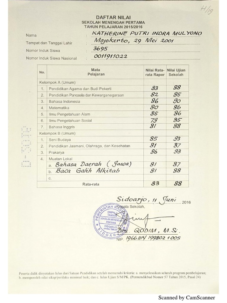Transkrip Nilai Ijazah SMP | PDF