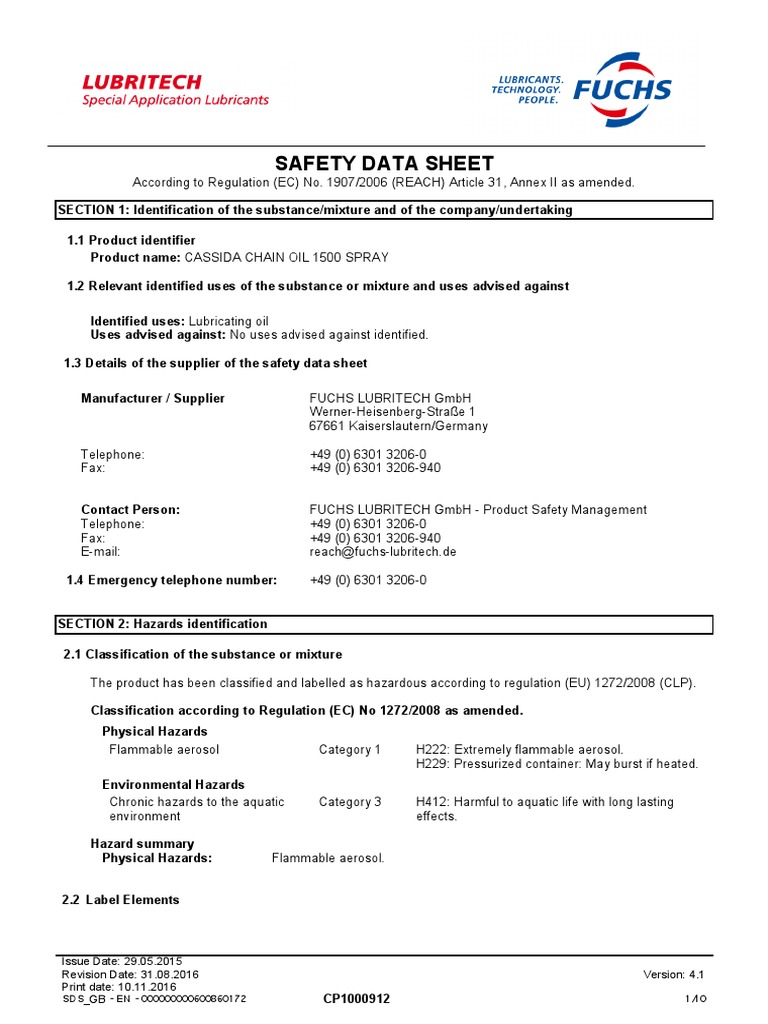CASSIDA CHAIN OIL 1500 SPRAY SAFETY DATA SHEET | PDF | Toxicity ...