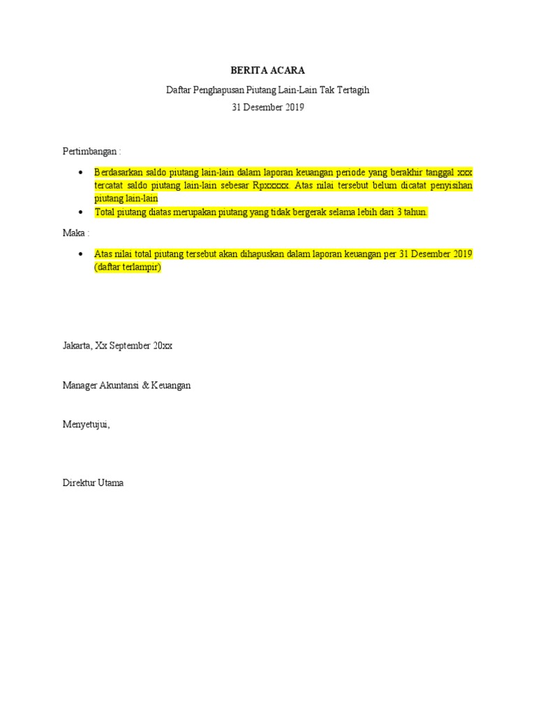 Format Berita Acara Penyisihan Piutang | PDF