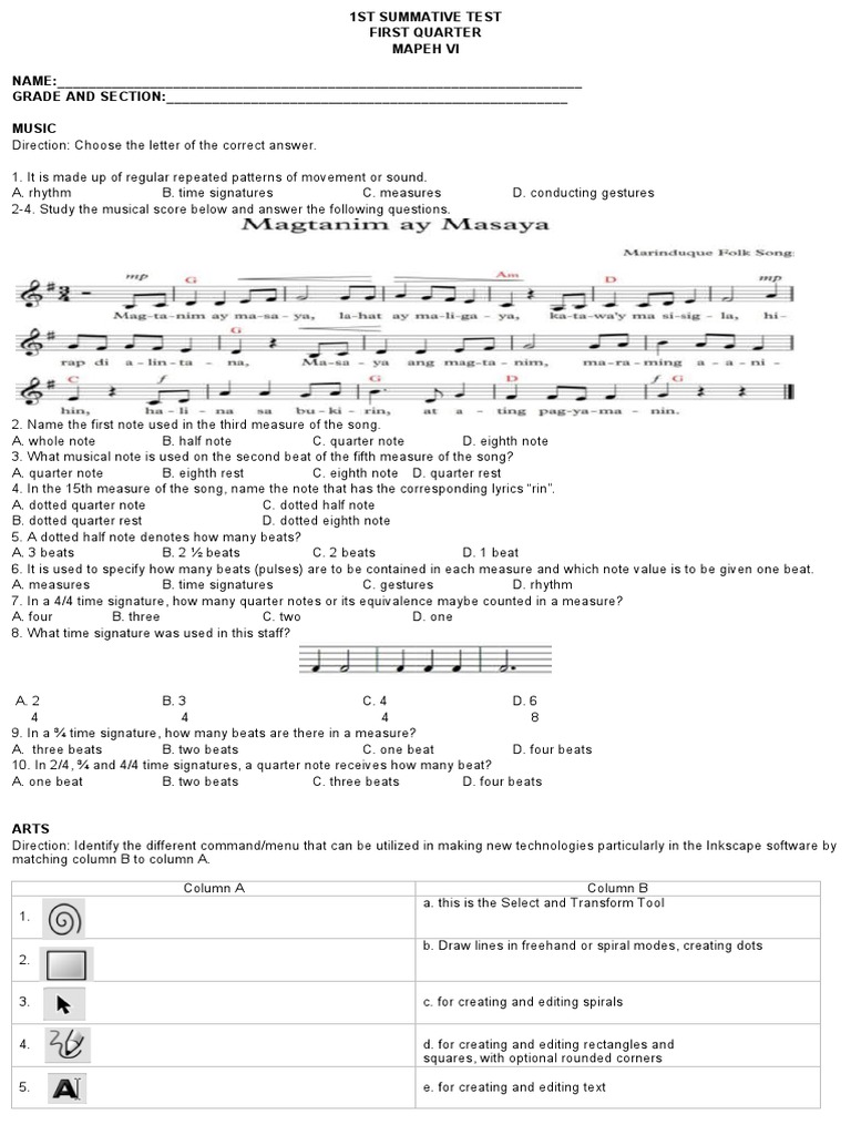 Mapeh First Summative Test | PDF | Rhythm | Musical Notation