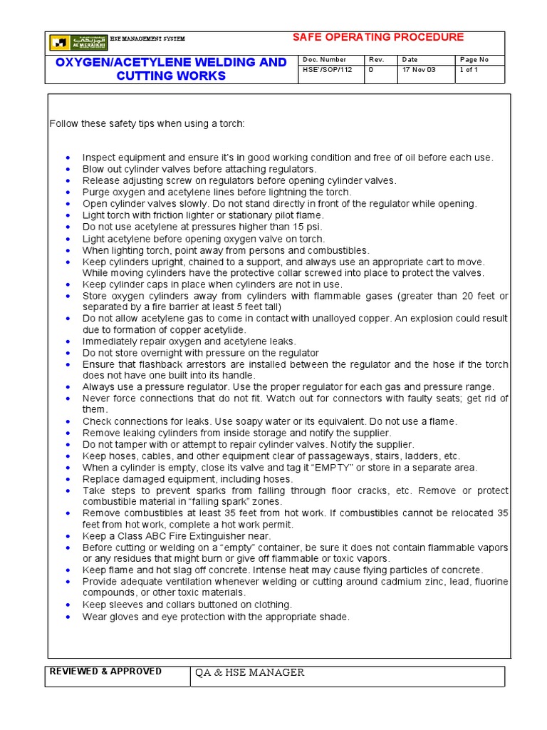 Oxygen/Acetylene Welding and Cutting Works: Safe Operating Procedure ...