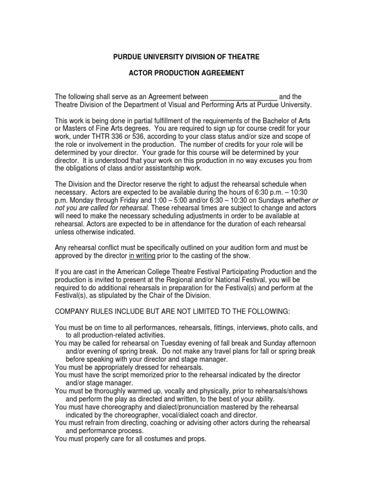 Purdue University Division of Theatre Actor Production Agreement | PDF ...