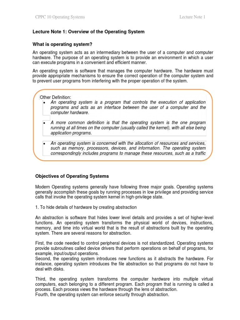 CPPC 10 Lecture Notes 1 Overview of Operating Systems PDF | PDF ...