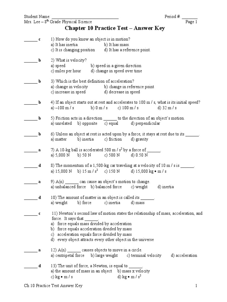 CH 10 Practice Test Answer Key | PDF | Acceleration | Force