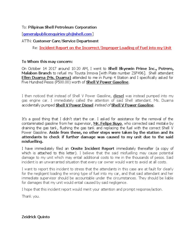 Fuel Misloading Incident Report | PDF | Finance & Money Management