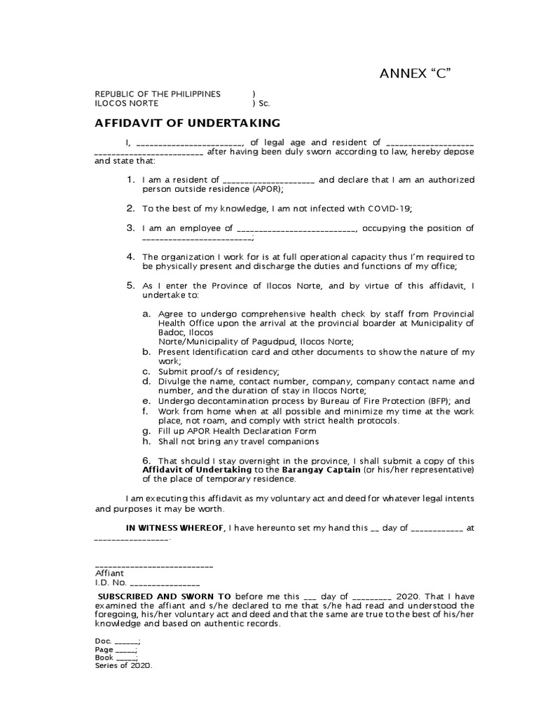 Annex C - APOR Affidavit of Undertaking | PDF | Affidavit | Identity ... Annex C - APOR Affidavit of Undertaking | PDF | Affidavit | Identity ...