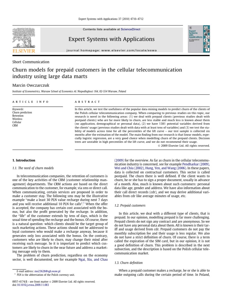 Churn Models For Prepaid Customers in The Cellular Telecommunication ...