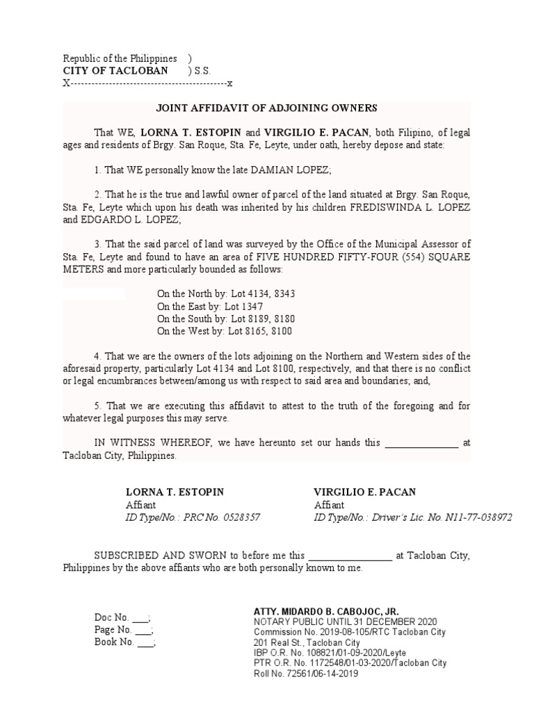 Affidavit of Lot Adjoining Owners | Download Free PDF | Affidavit ...