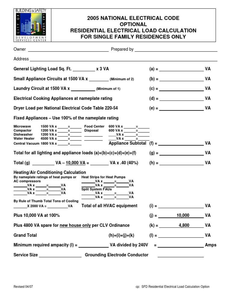 2005 National Electrical Code Optional Residential Electrical Load ...
