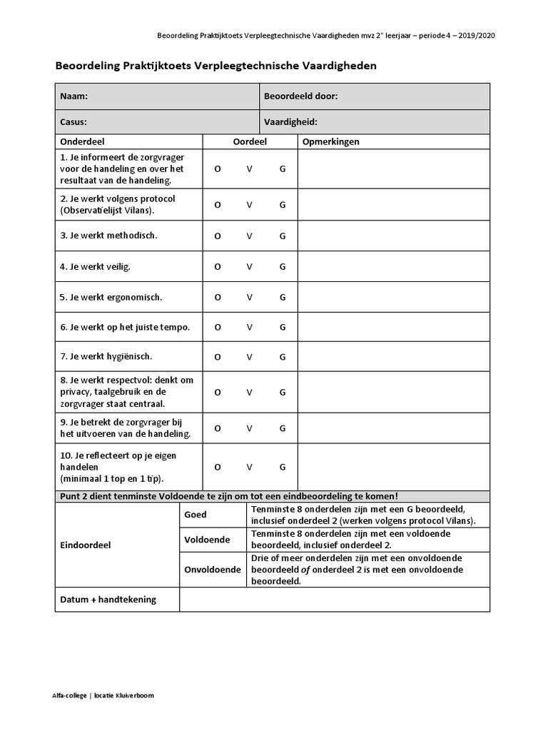 Beoordelingsformulier Verpleegtechnische Handelingen 2e Jaar MZVZ | PDF