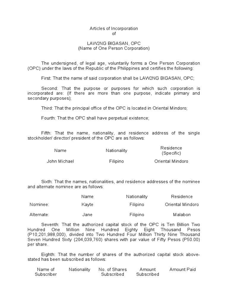 Articles of Incorporation for OPC | PDF | Corporations | Notary Public