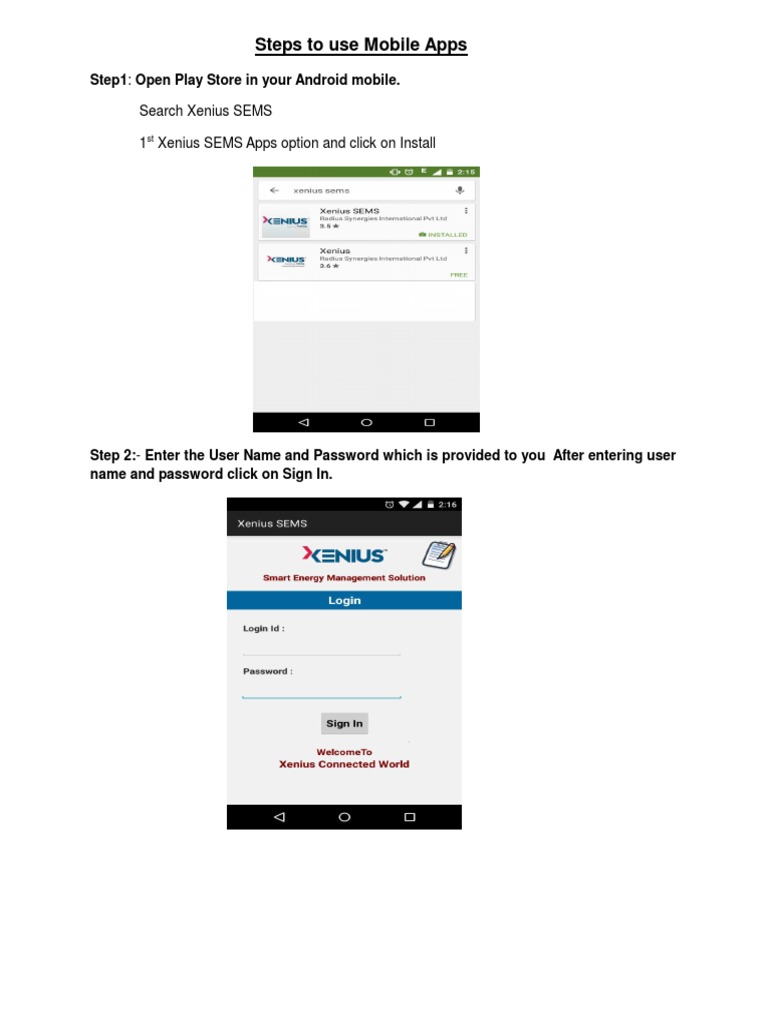 Steps To Use Mobile Apps: Search Xenius SEMS 1 Xenius SEMS Apps Option ...