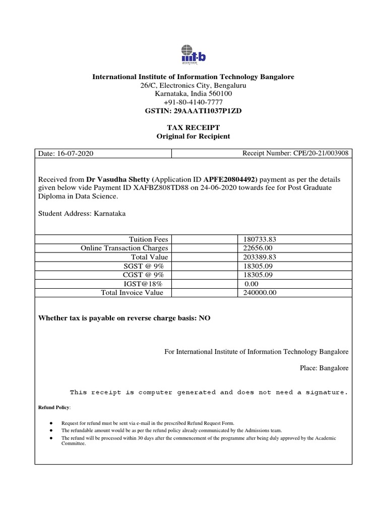 PGDDS IIITB Receipt of 2.4 Lakhs | PDF