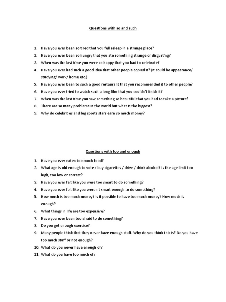 Speaking Questions: So, Such, Too, Enough | PDF