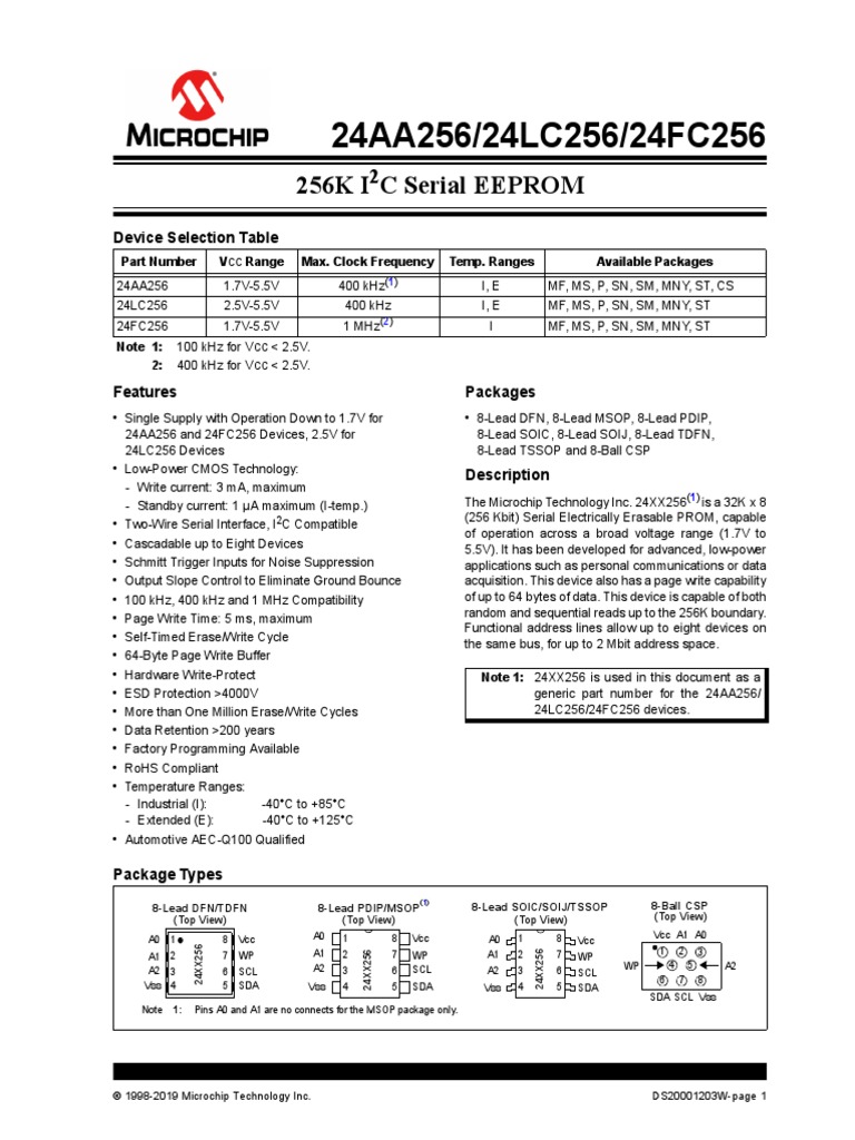 24AA256/24LC256/24FC256: 256K I C Serial EEPROM | PDF | Bit | Pointer ...