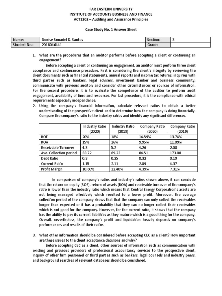 ACT1202.Case Study No. 1 Answer Sheet | PDF | Audit | Risk