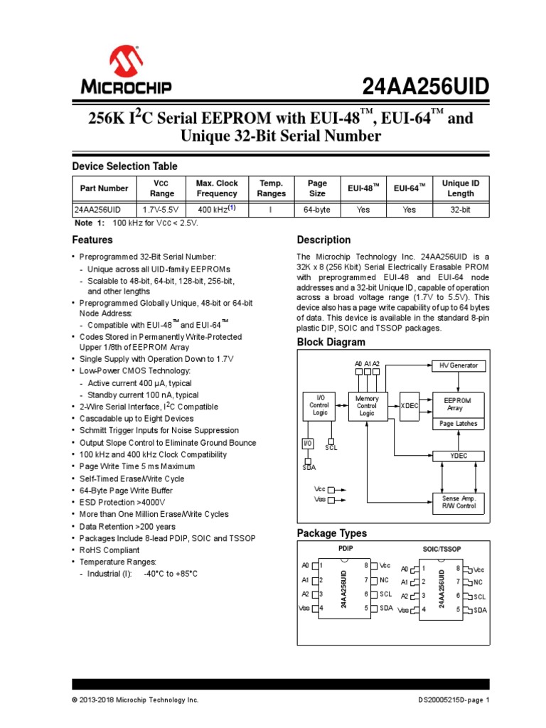 24aa256uid 256k I2c Serial Eeprom With Eui48 Eui64 20005215d | PDF | Bit | Pointer (Computer ...