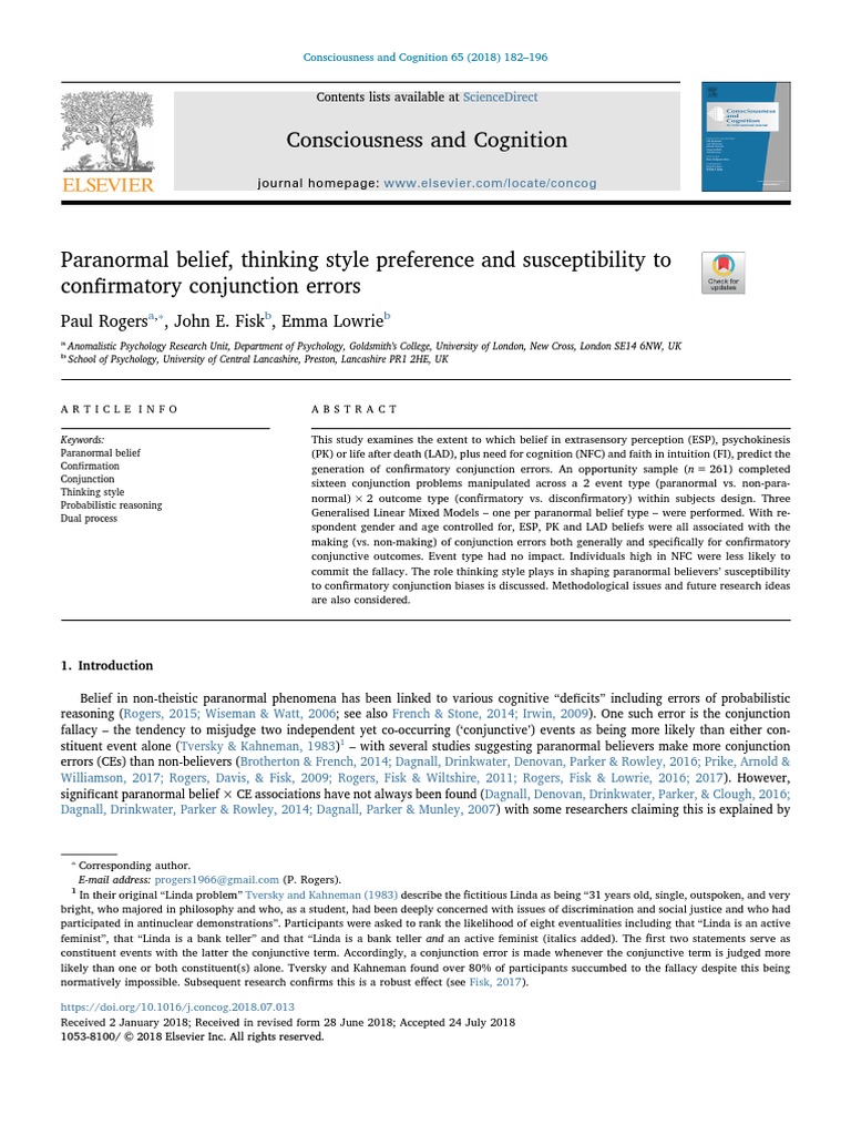 Consciousness and Cognition 65 (2018) 182-196 | PDF | Paranormal ...