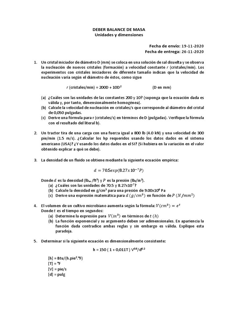 Balance de masa unidades y dimensiones | PDF | Masa | Velocidad