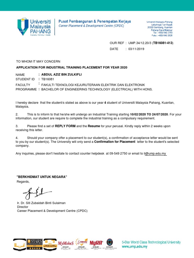 Application For Industrial Training Placement For Year 2020 Abdul Aziz ...