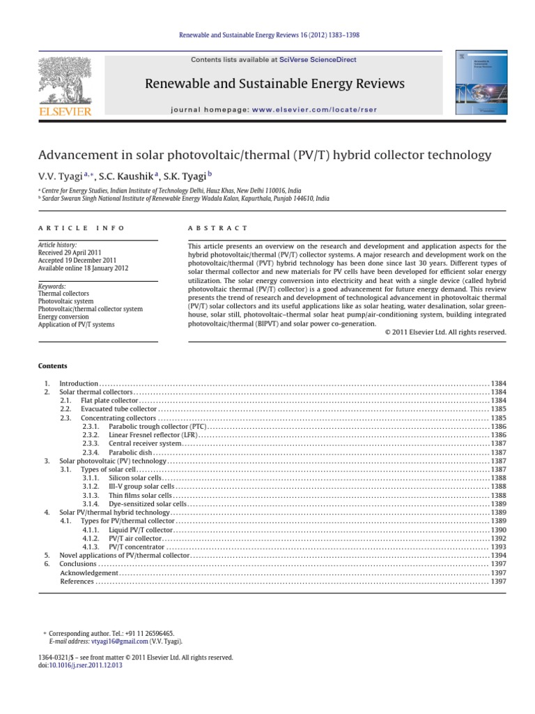 Advancement in Solar Photovoltaicthermal (PVT) Hybrid Collector ...