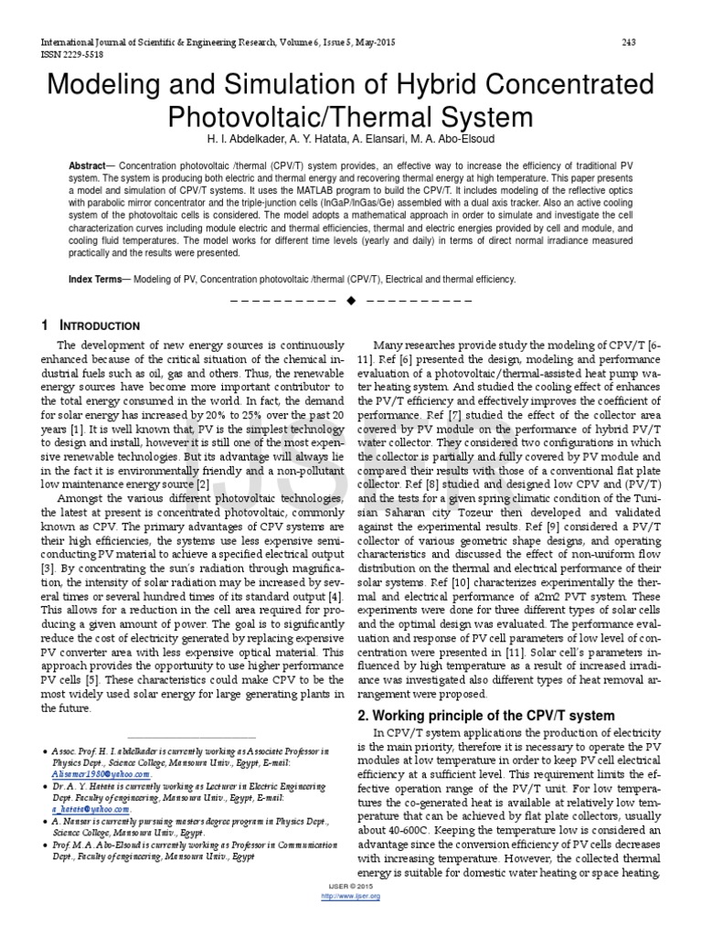 Modeling and Simulation of Hybrid Concentrated Photovoltaic Thermal ...