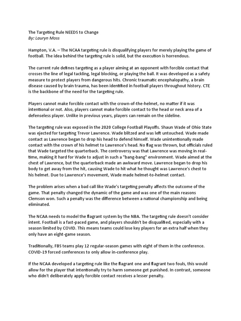 NCAA Targeting Rule Reform Needed | PDF | American Football | Team Sports