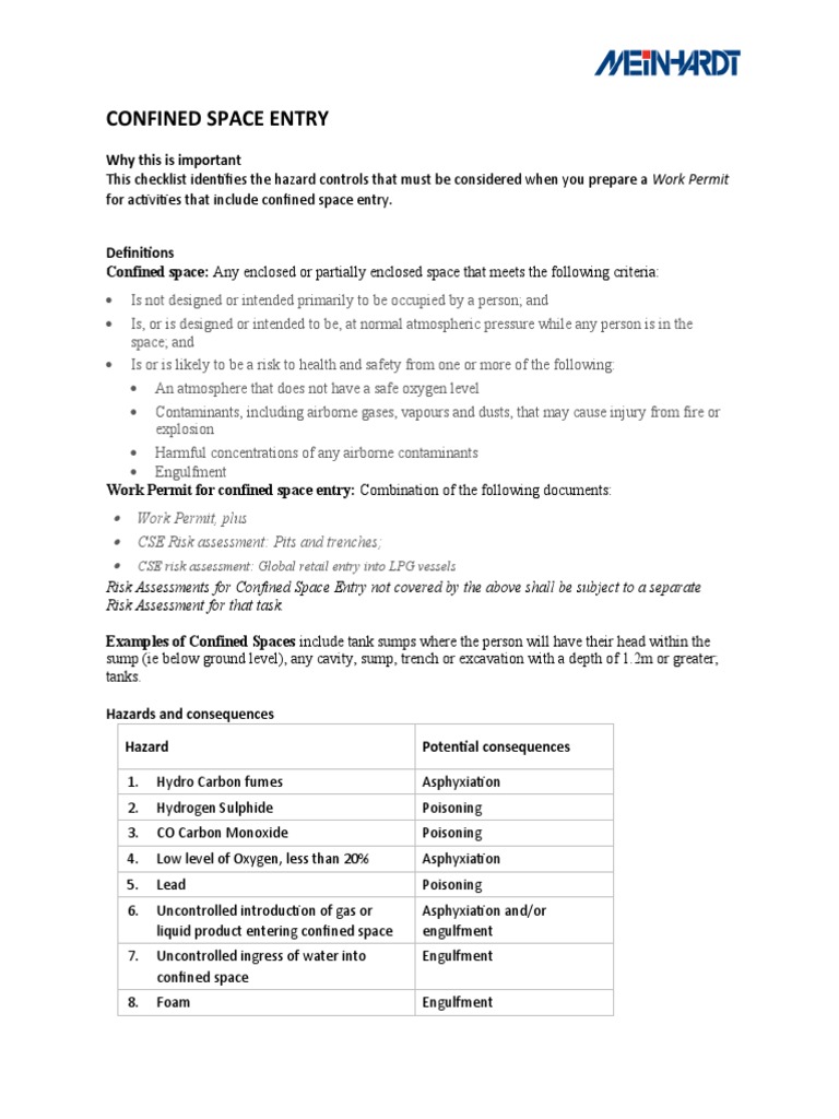 Checklist For High Risk Work - Confined Space Entry | PDF | Valve ...