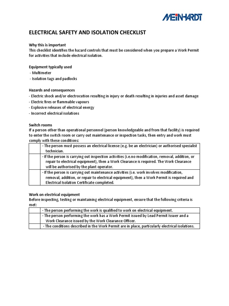 Electrical Isolation Safety Checklist | PDF | Electrician | Switch
