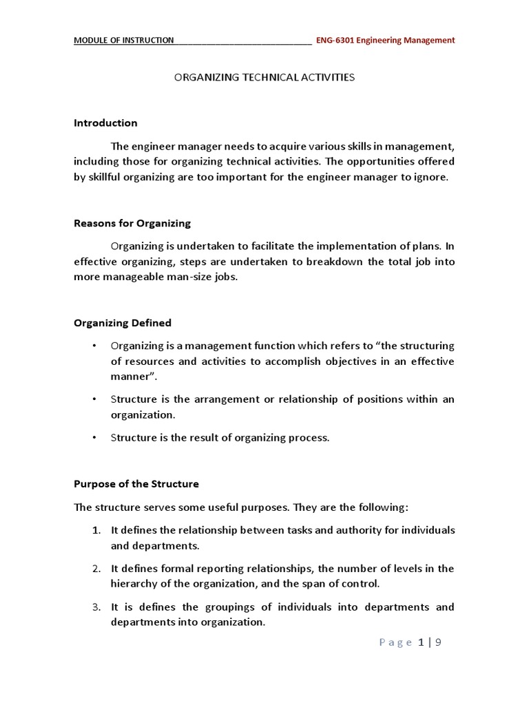 Module 4-Organizing Technical Activities | PDF | Organizational ...