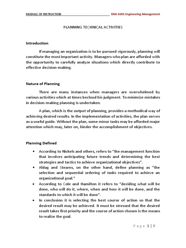 Module 3-Planning Technical Activities | PDF | Strategic Planning | Goal
