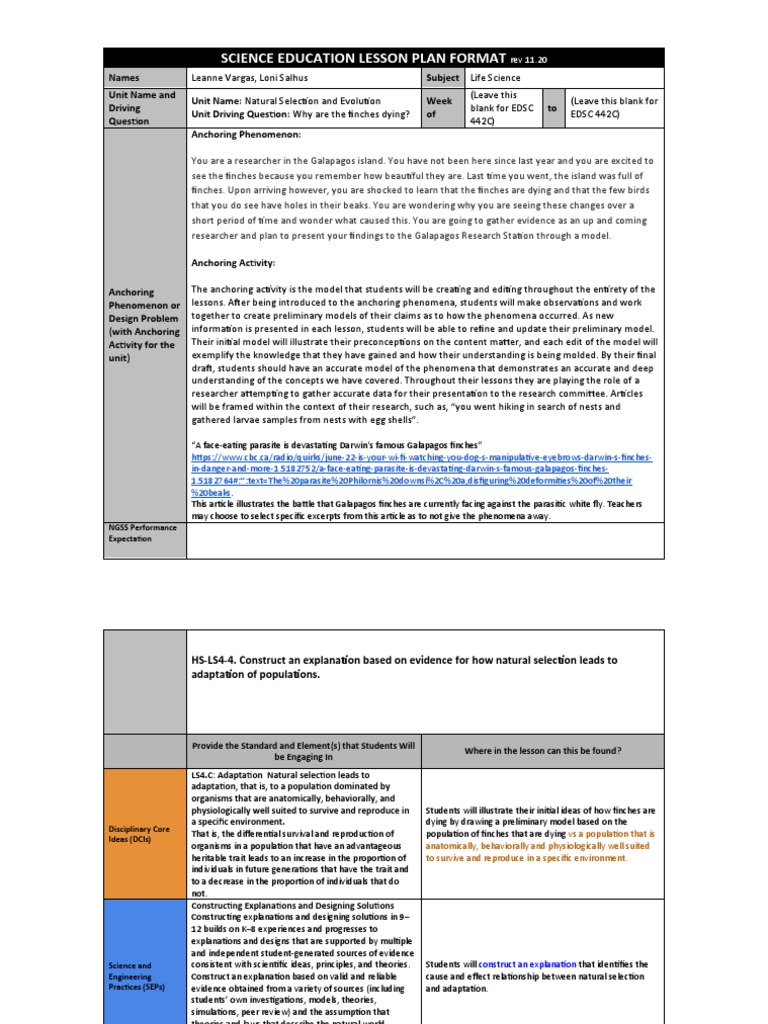 Science Education Lesson Plan Format: NGSS Performance Expectation ...
