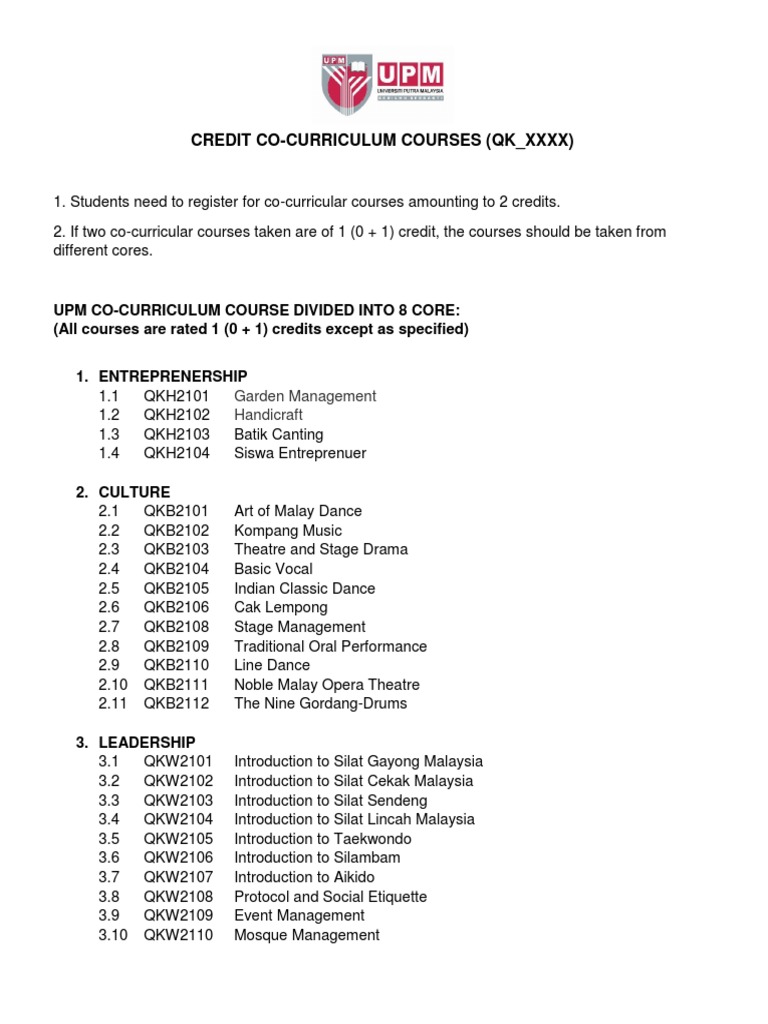 Credit Co-Curriculum Courses (QK - XXXX) | PDF | Malaysia | Hobbies