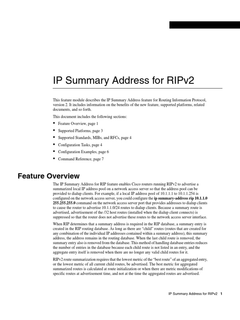Ip Summary Address For Ripv2: Feature Overview | PDF | Ip Address | Router (Computing)