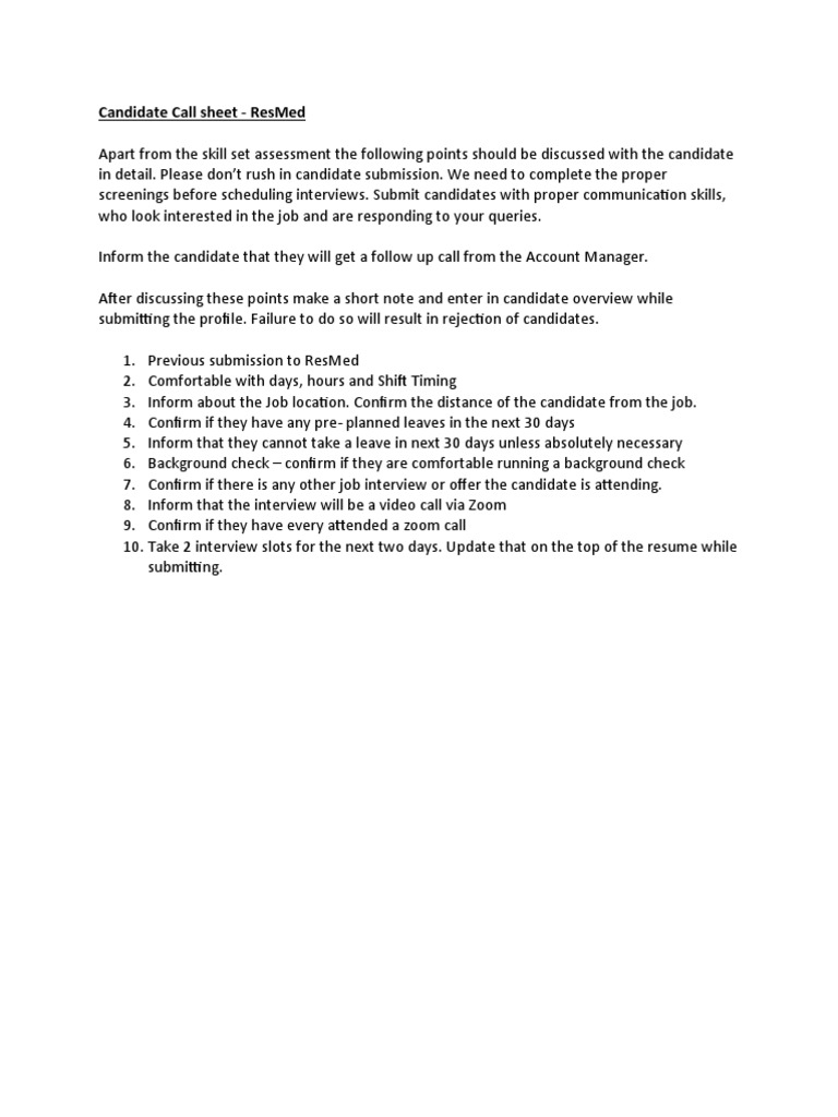 Candidate Call Sheet - ResMed | PDF