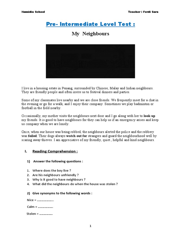 Pre-Intermediate Level Test:: My Neighbours | PDF | Syntactic ...